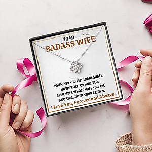 Wife Necklace Gift From Husband To My Badass Wife Crown Love Knot Pendant Valentines Day Anniversary Jewelry With Message Card and Gift Box (Standard Box, White Badass Wife)