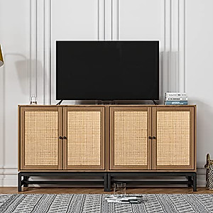 Sideboard Buffet Side Cabinet with Natural Rattan and 2 Magnetic Door, 2-Tier Storage Cabinet Accent Cabinet Console with Metal Bracket, for Living Room Bedroom, Entryway (Rattan Low Leg)