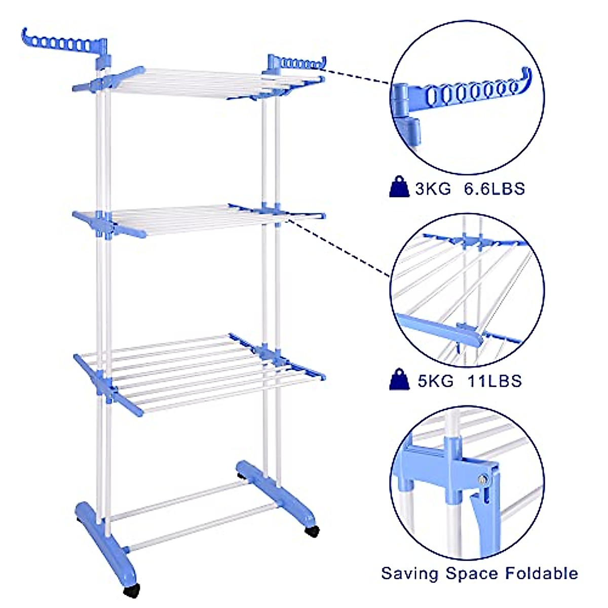 Aquaterior Folding 3 Tier Clothes Drying Rack Rolling Collapsible Garment Laundry Dryer Hanger Stand Rail with Two Side Wings Indoor Blue