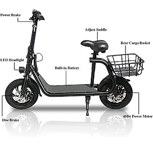 Electric Scooter for Adults, 20 Miles Range 15.5MPH Foldable Commuter E-Scooter with Seat, 450W Powerful Motor 36V 8Ah Battery 12" Air Tire Sport Scooters with Basket (Black)