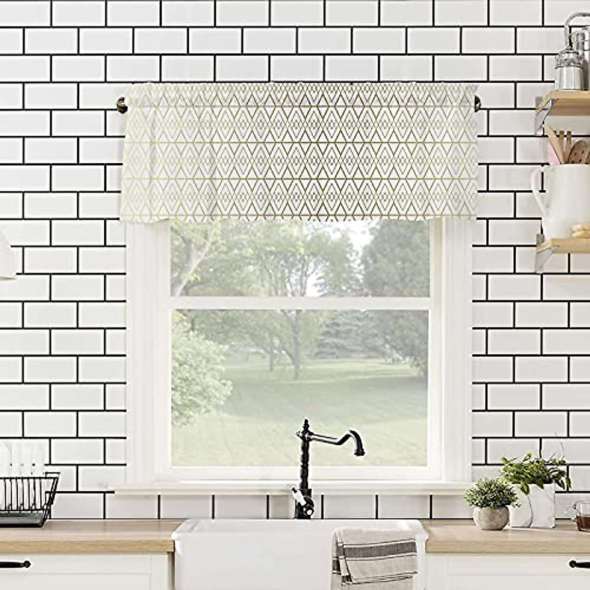 JasmineM Valances Curtains for Windows White Gold Line Rod Pocket Kitchen Valance Scarf for Living Room Geometric Short Window Treatment Drapes Curtain for Bedroom 42x12in