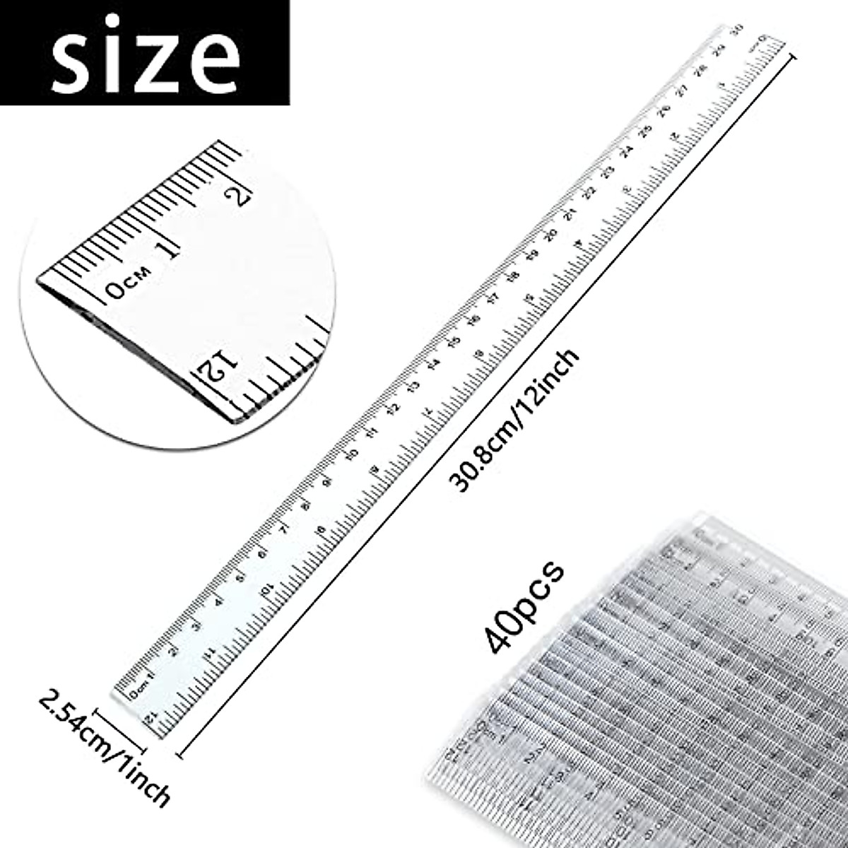 Koogel 40 PCS Clear Rulers,Plastic Rulers 12 Inch Bulk for Classroom Straight Rulers with Centimeters and Inches for Kids,School,Office,Home