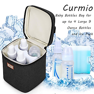 CURMIO Baby Bottles Cooler Bag with Ice Pack for 4 Bottles, up to 9 oz/270ml, Insulated Breastmilk Cooler and Ice Pack for Daycare Travel Nursing Mom,Black