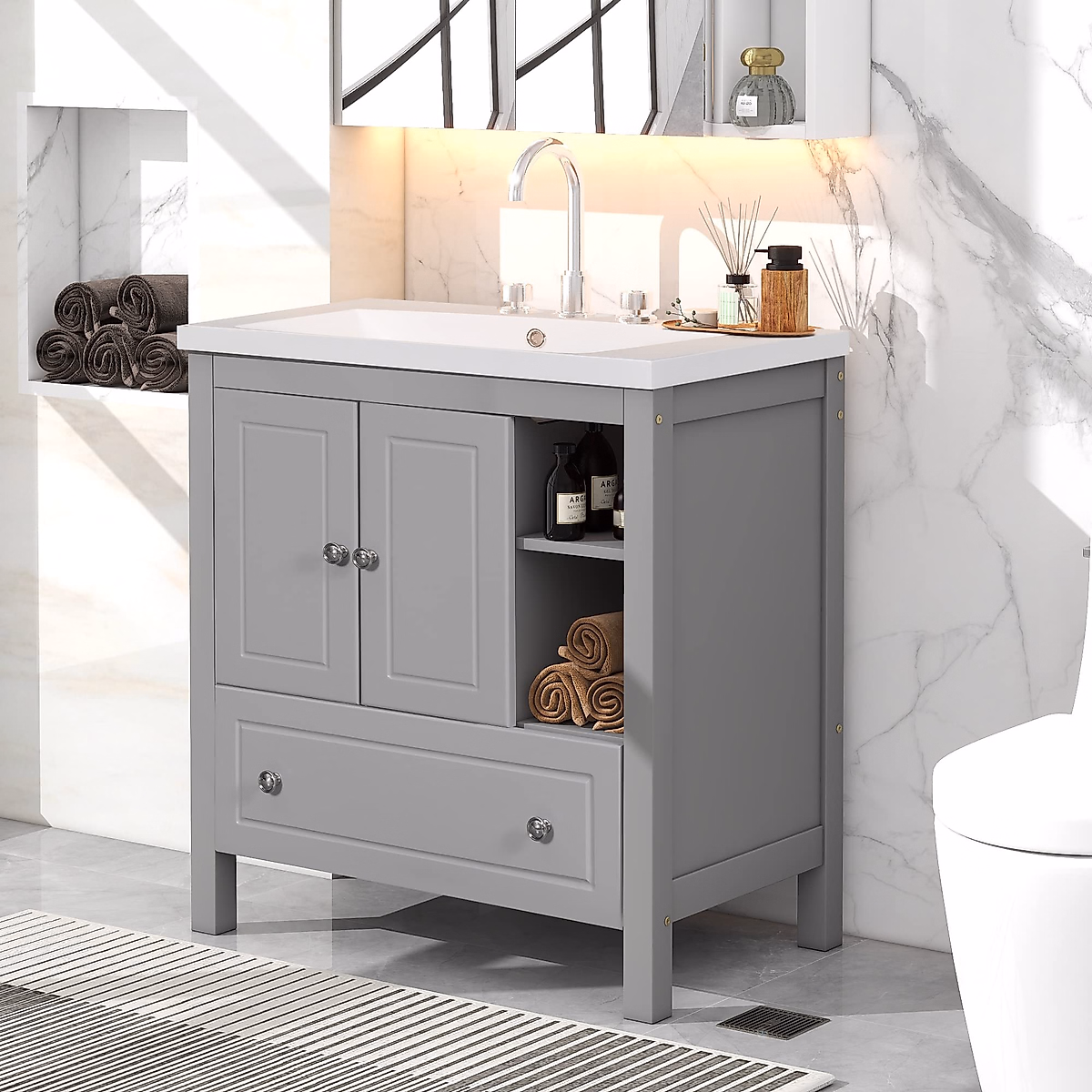 LUMISOL 30" Bathroom Vanity with Sink, Modern Bathroom Vanities with Soft-Closing Doors and Storage Drawer, Solid Wood Bathroom Cabinet with Ceramic Sink, Grey