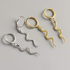 Snake Dangle Small Hoop Earrings 925 Sterling Silver Personalized Punk Drop Animal Earring Huggie Hoops 10mm Hypoallergenic Fashion Ear Jewelry (Silver)