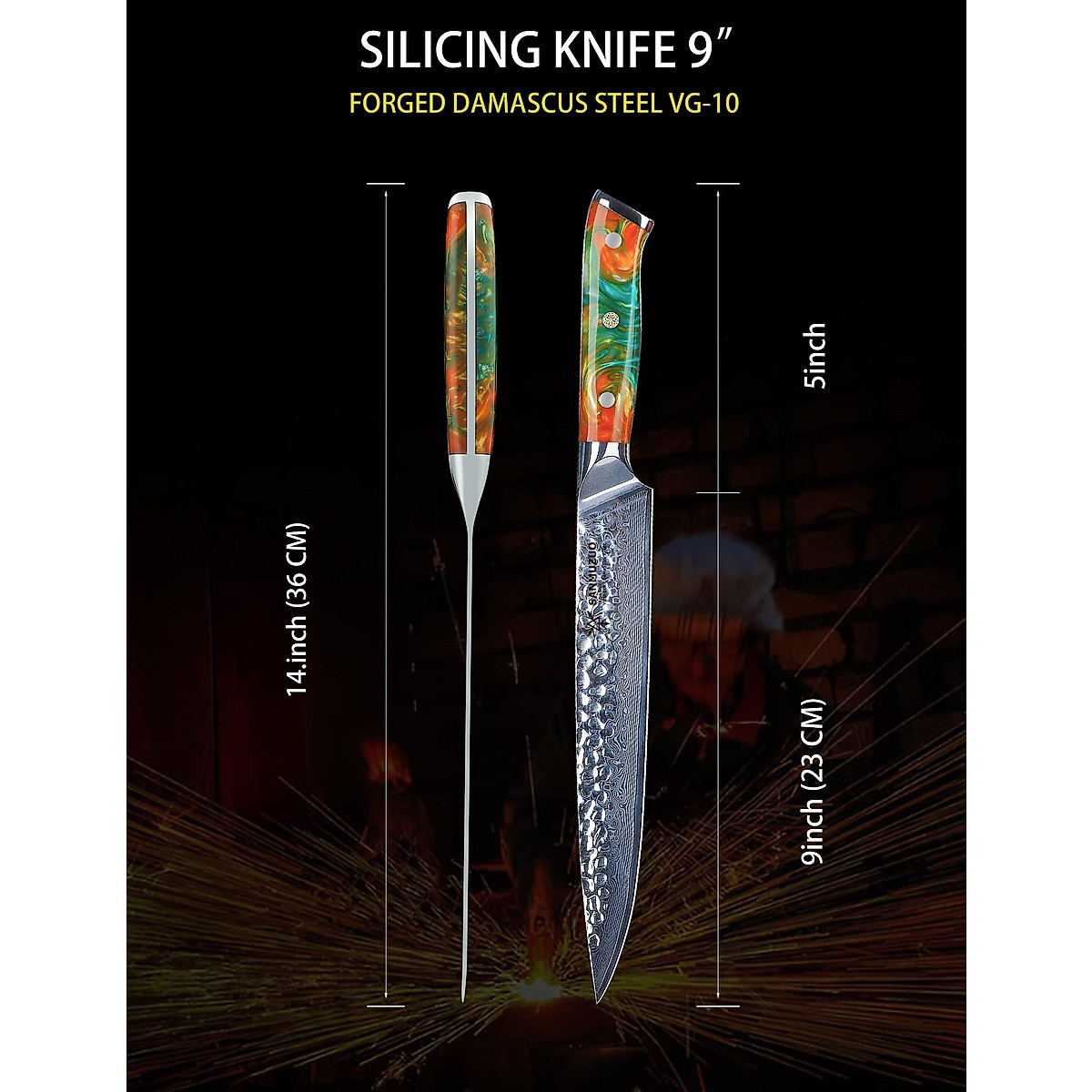 SANMUZUO 9 Inch Carving Knife, Slicing Knife - Hammered Damascus Steel & Resin Handle - Yao Series