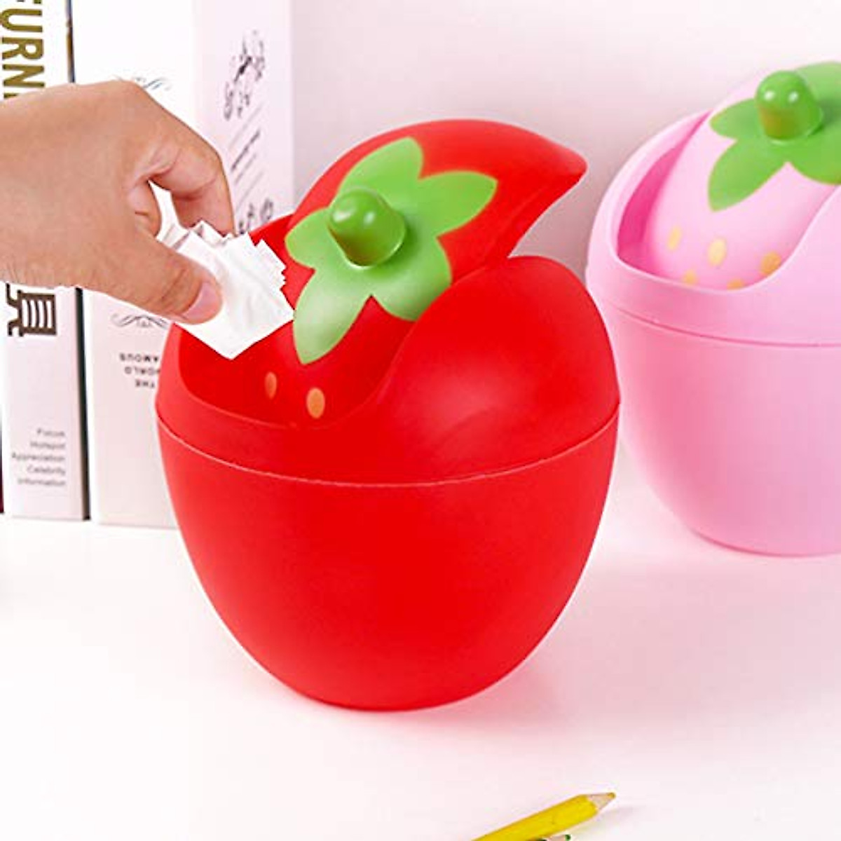 Toddmomy Mini Desktop Trash Can Strawberry Swing Lid Trash Bin Plastic Small Waste Bin Garbage Bin for Home Office Car (Red)