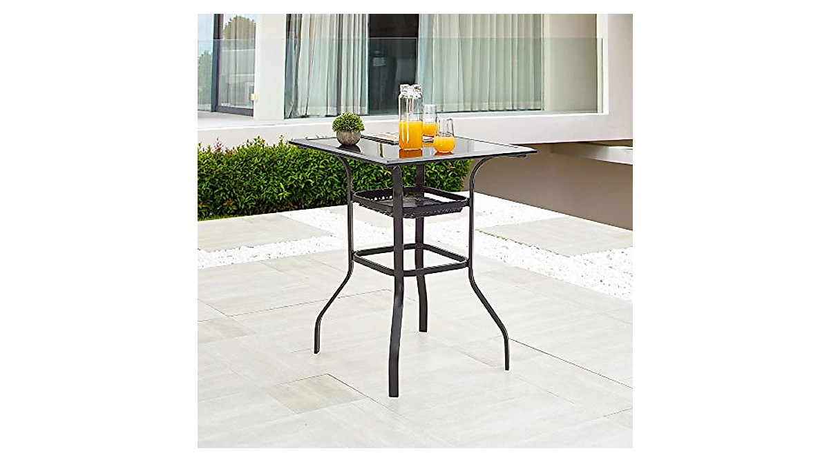 LOKATSE HOME High Outdoor Patio Bar Table | Durable Glass & Steel