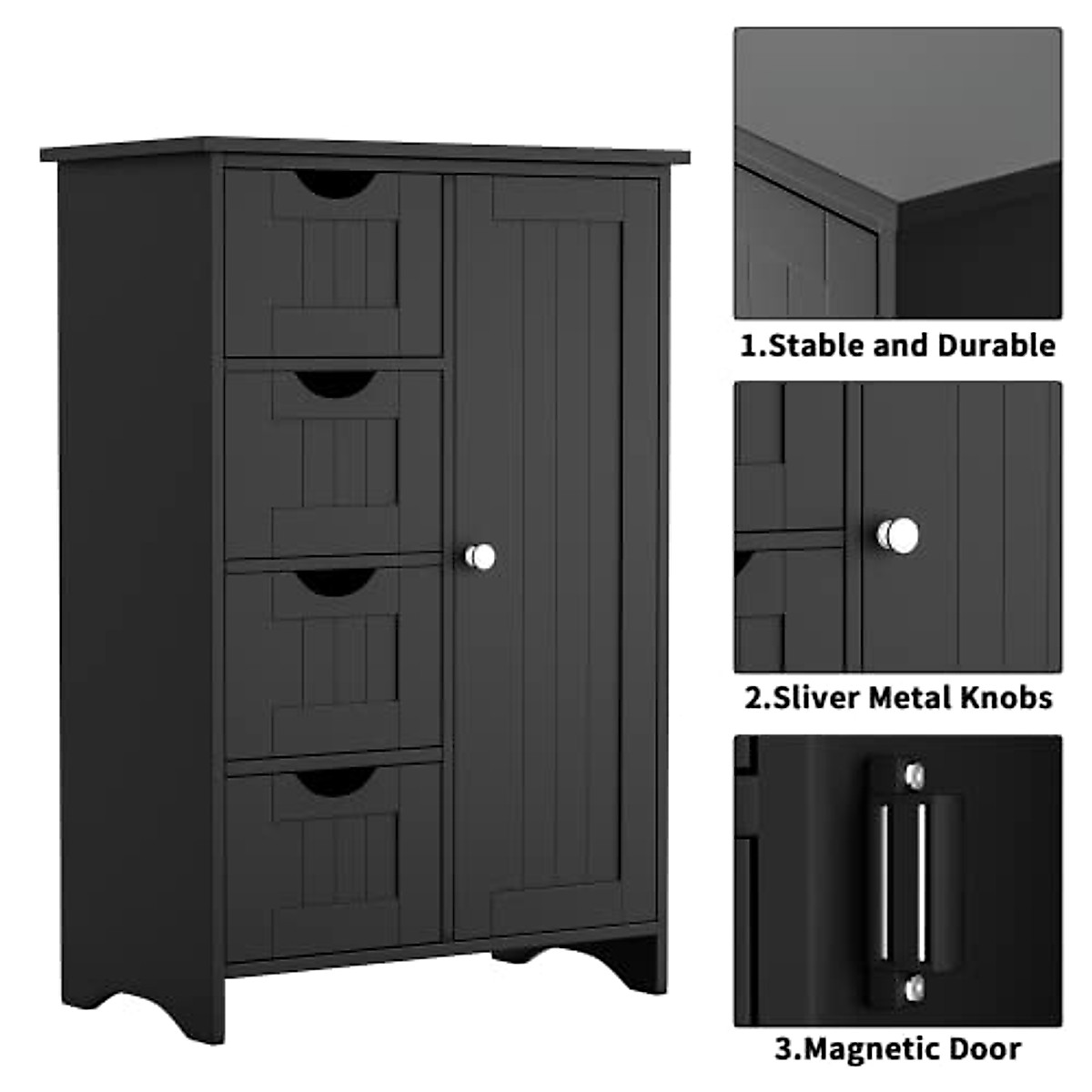 YESHOMY Bathroom Storage Cabinet, Side Free Standing Organizer with Large Space and Adjustable Shelves, Home Office Furniture for Multifunction in Living Room, Hallway, Kitchen, Bedroom, Black