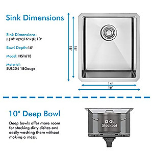 VADANIA 16-Inch Bar Prep Sink, 16"x18"x10", Single Bowl, Undermount, 18 Gauge T304 Stainless Steel, Satin Finish, with Strainer & Bottom Grid, cUPC listed