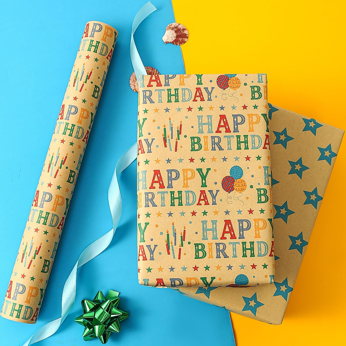 BOLIANNE Kraft Birthday Wrapping Paper Roll for Boys Girls Kids Men Women - Reversible Happy Birthday Gift Wrap Paper Roll for Holiday Party - 1 Gift Wrapping Paper Roll, 17.2 Inch X 33 Feet