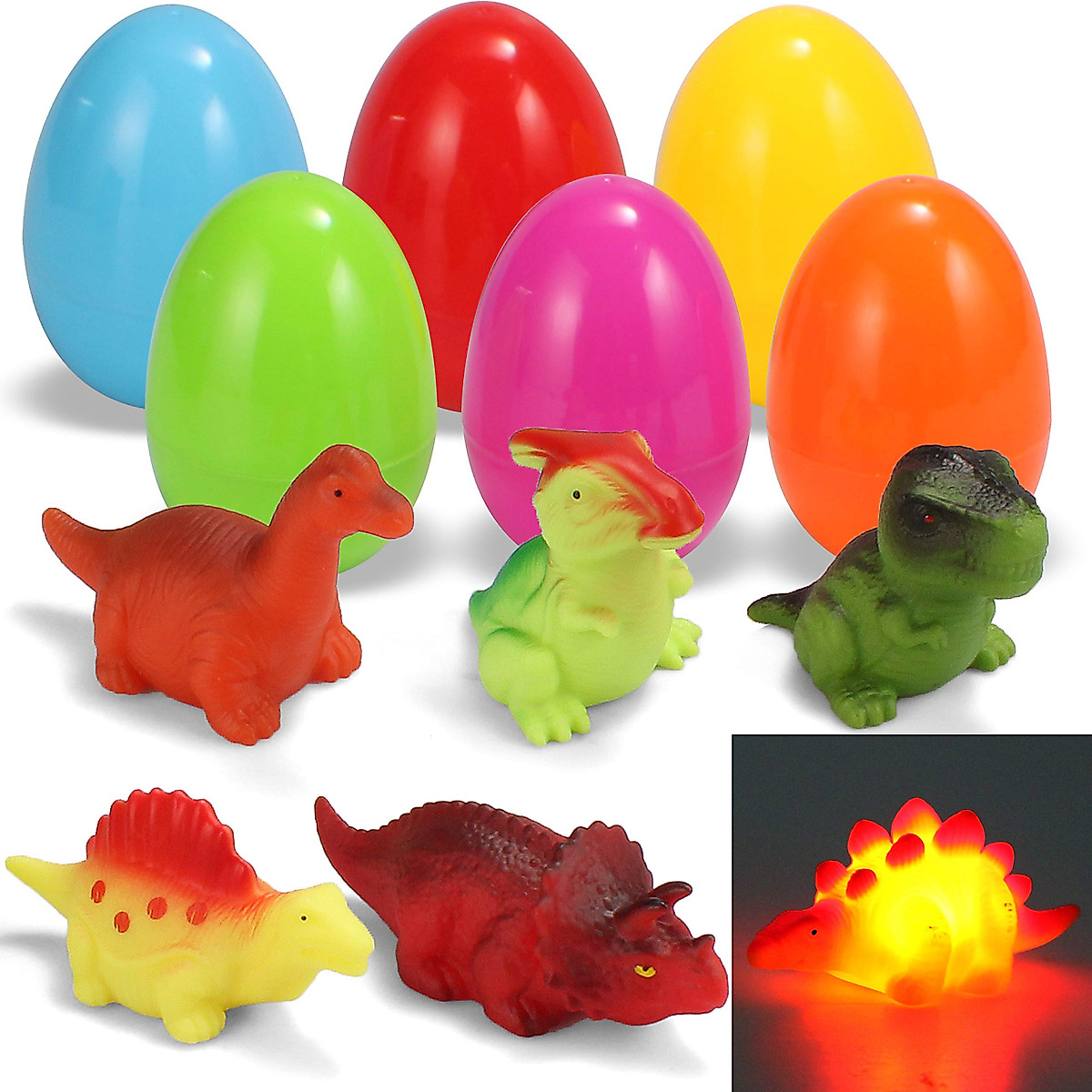 JOYIN 6 Pieces Pre-Filled Easter Eggs with Floating Dinosaur Bath Toys Luminous Easter Egg Hunt Easter Theme Party Favors