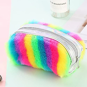 Plush Pencil Case Pen Bag: Zipper Rainbow Pencil Pouch Make Up Cosmetic Bag Stationary Organizers for Girls Boys Home School