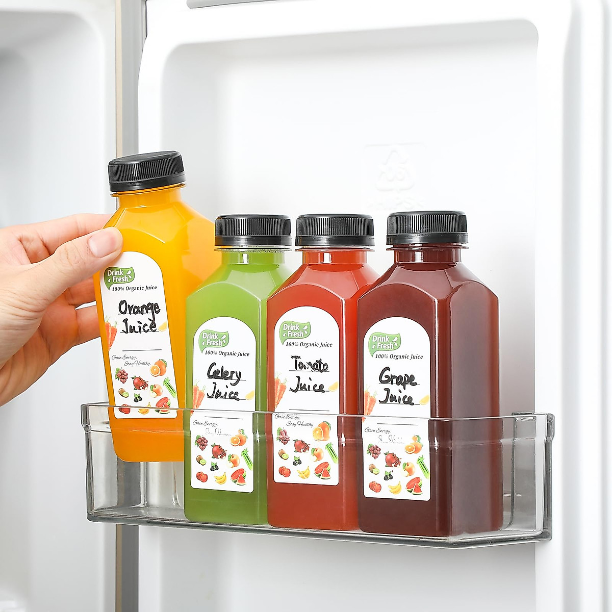 24 PACK, 12 OZ Reusable Plastic Juice Bottles with Caps, Plus 24 Labels & 2 Silicone Funnels - Clear Juicing Bottles for Juice, Smoothies, Ginger, Tea, Coffee - Food Grade & Leakproof Travel Bottles