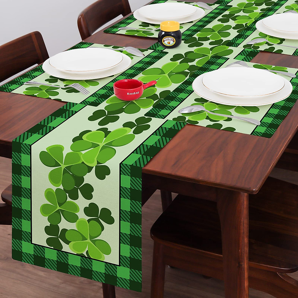 St.Patrick's Day Shamrock Table Runner for St.Patricks Buffalo Plaid Table Decoration (13 x 72 inch)