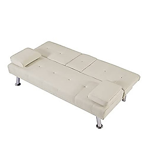 Eafurn Upholstered Futon Sofa Bed with Mattress and Frame, Convertible Loveseat Lounge Couch Daybed,Folding Love Seat w/Adjustable Backrest Sofabed, Beige Fabric w/ 2 Cupholders