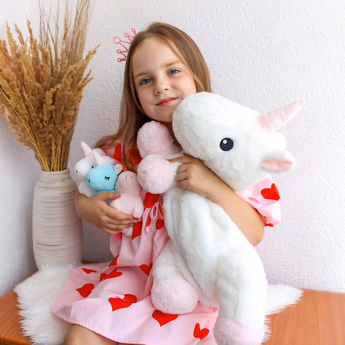 WEIGEDU Unicorn Toys for Girls Ages 1 2 3 4 5 6 7 8 Years, Mommy Stuffed Animal with 3 Babies Unicorns in Her Tummy, Soft Plush Toys Set for Baby Toddler Kids Valentines Birthday Gifts