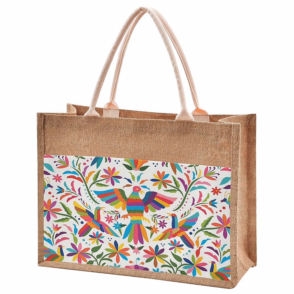Eionryn Mexican Otomi Birds Floral Jute Tote Bag Reusable Grocery Shopping Bag Burlap Beach Bag Market Bags With Handle for Wedding Party Gift DIY 16.9 x 12.6 x 7.1 inch