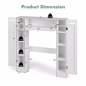 Tangkula Over The Toilet Storage Cabinet, Bathroom Space Saver w/Adjustable Shelves & Paper Holder, Freestanding above Toilet Organizer w/ 2 Side & Pull-Down Door for Bathroom Storage (White)