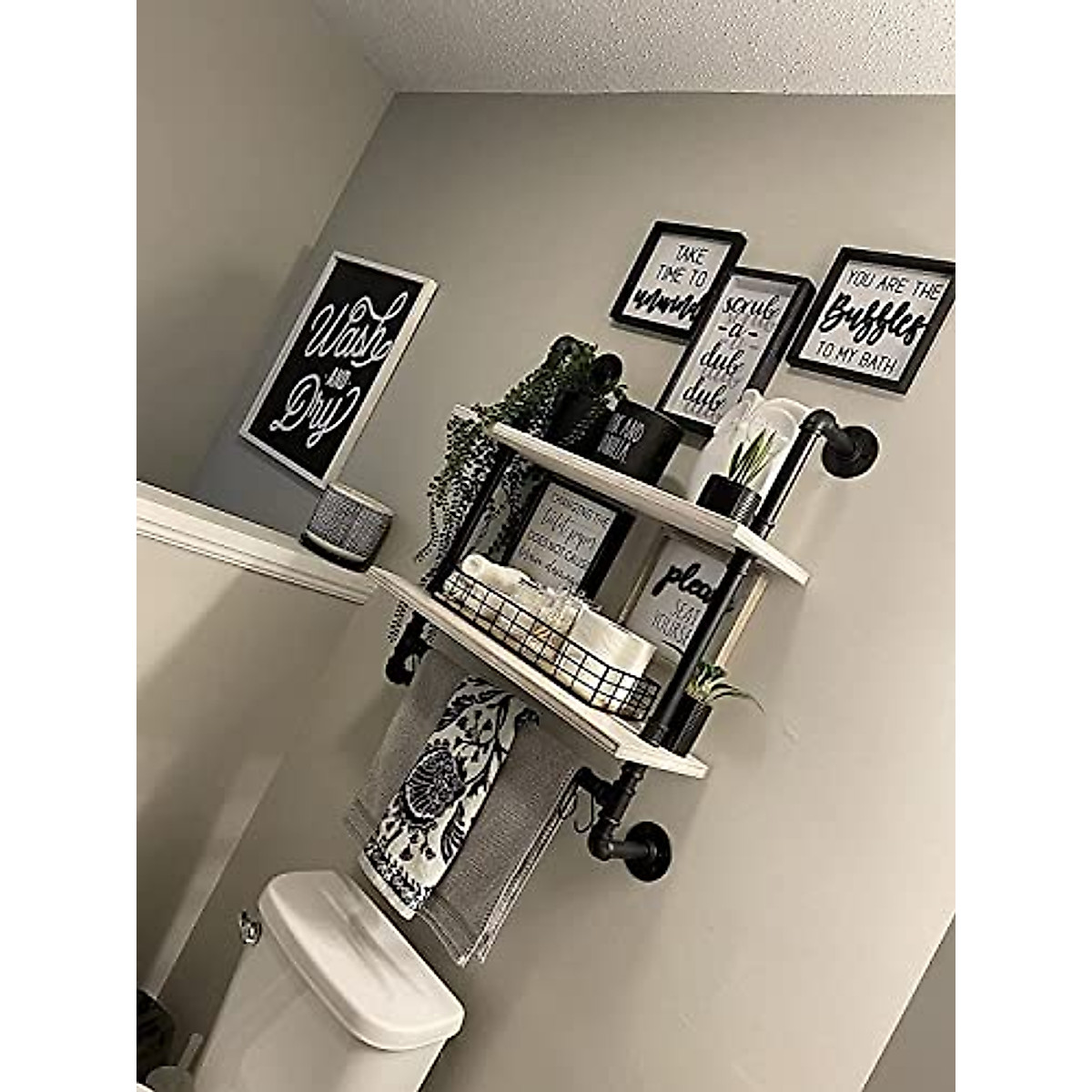 ROGMARS Industrial Pipe Shelving Bathroom Pipe Shelves with Towel Bar,2 Tier 24 inch Retro White Rustic Farmhouse Pipe Industrial Wall Shelves Bathroom Shelves Over Toilet for Storage