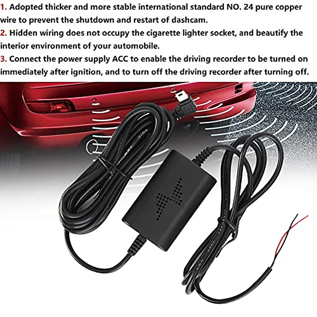 Gorgeri Dash Cam Hardwire Kit,12V/24V to 5V 2.5A Parking Monitor Converter Cable Left Angle Mini USB Step-Down Line for Parking Monitoring,Parking Monitoring Line