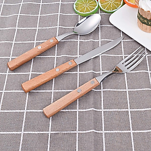 Lnrkai Cutlery Sets of 6, Dinner Spoons, Knife and Fork Set, Stainless Steel with Wooden Wide Handles, Flatware Set Tableware Dinnerware, Service for 2 Adult