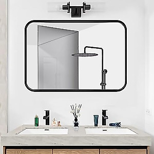 Wall-Mounted Bathroom-Mirror,Black Framed Aluminum Alloy Vanity-Mirrors,Round Horn Rectangle Makeup Seamless Mirror,Large Mirrors for Entryway,No Punching,Anti Rust 12"*16"