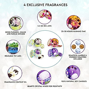 Pack of 4 beautiful rose quartz crystal infused scented soy candles with wooden and marble holders | Birthday gift set for women | aromatherapy and medidation candles