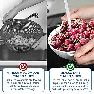 Meadow Lane 6-inch Colander, Dual Handles, BPA-Free, Dishwasher Safe Compact Food Strainer for Fruits, Veggies and Pasta, 3-Cup Capacity, White