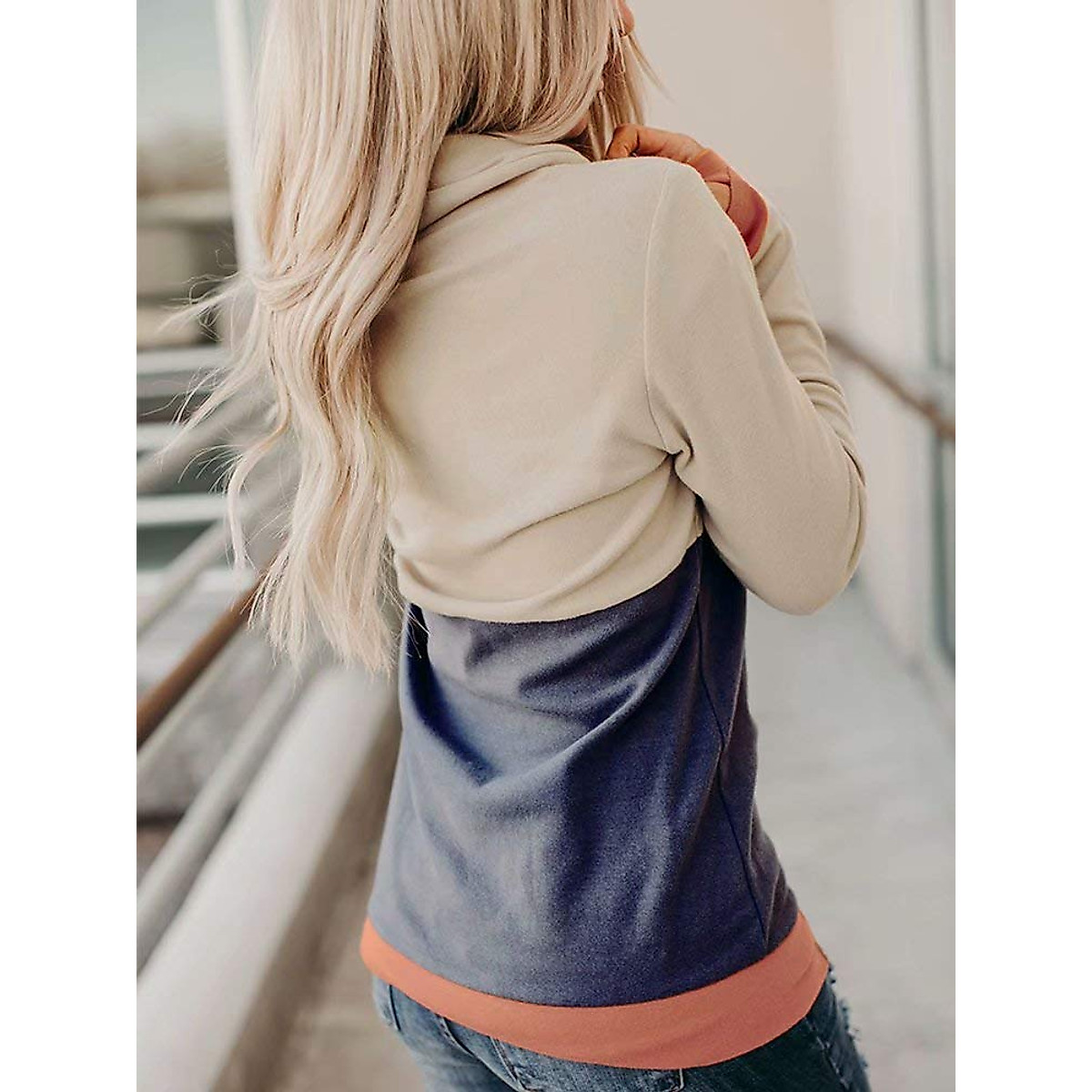 Kotiera Women's Casual Turtle Cowl Neck Sweatshirt Color Block Thumb Holes Pullover Long Sleeve Winter Warm Tunic Top Apricot S