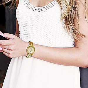 JewelryWe Luxury Mens Dress Watch, Stainless Steel Bling Rhinestones Accented Quartz Wrist Watches - Gold, for Xmas