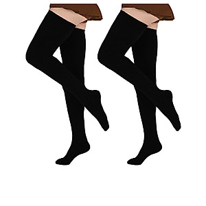 EZFS PLUS Thigh High Socks for Women Extra Long and Thick Over the Knee Cotton Boot Stockings Leg Warmer for Girls (Black 2 Pairs)