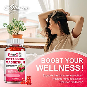 Potassium Magnesium Supplement Gummies with Potassium Citrate 200mg + Magnesium Glycinate 500mg for Bone & Muscle Relaxation,Mood & Energy Support.High Absorption Vitamin B6, D3, C.Raspberry Flavor