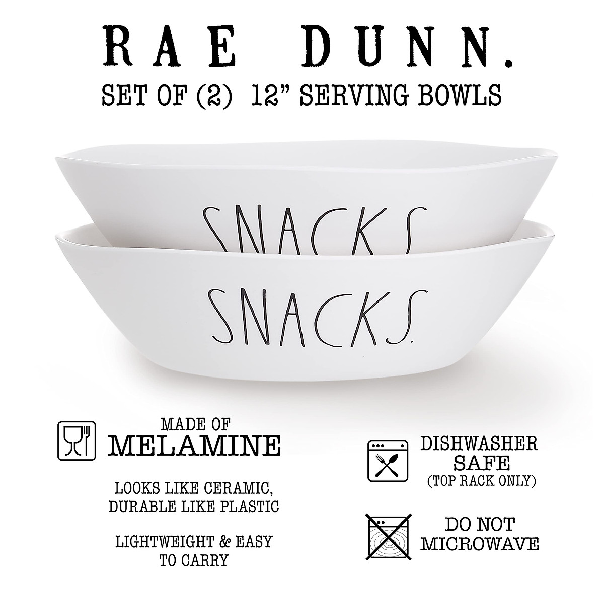 Rae Dunn Melamine Bowl Sets - Durable Dishwasher Safe Dinner/Cereal Bowls Set of 2 (12 inch) Bowl Set for Soup, Cereal, Pasta, Salads