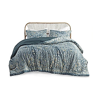 Madison Park Belcourt Sateen Cotton Comforter Set, Breathable, Soft Cover, Trendy, All Season Down Alternative Cozy Bedding with Matching Shams, King/ Cal King, Blue 3 Piece
