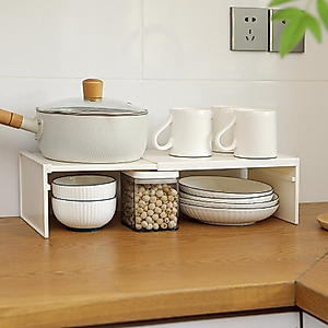 Cabinet Shelf Expandable Organizer Riser Storage Space Saver Stackable for Kitchen Pantry Cupboard Under Sink Countertop White Simple Houseware Counter (white)