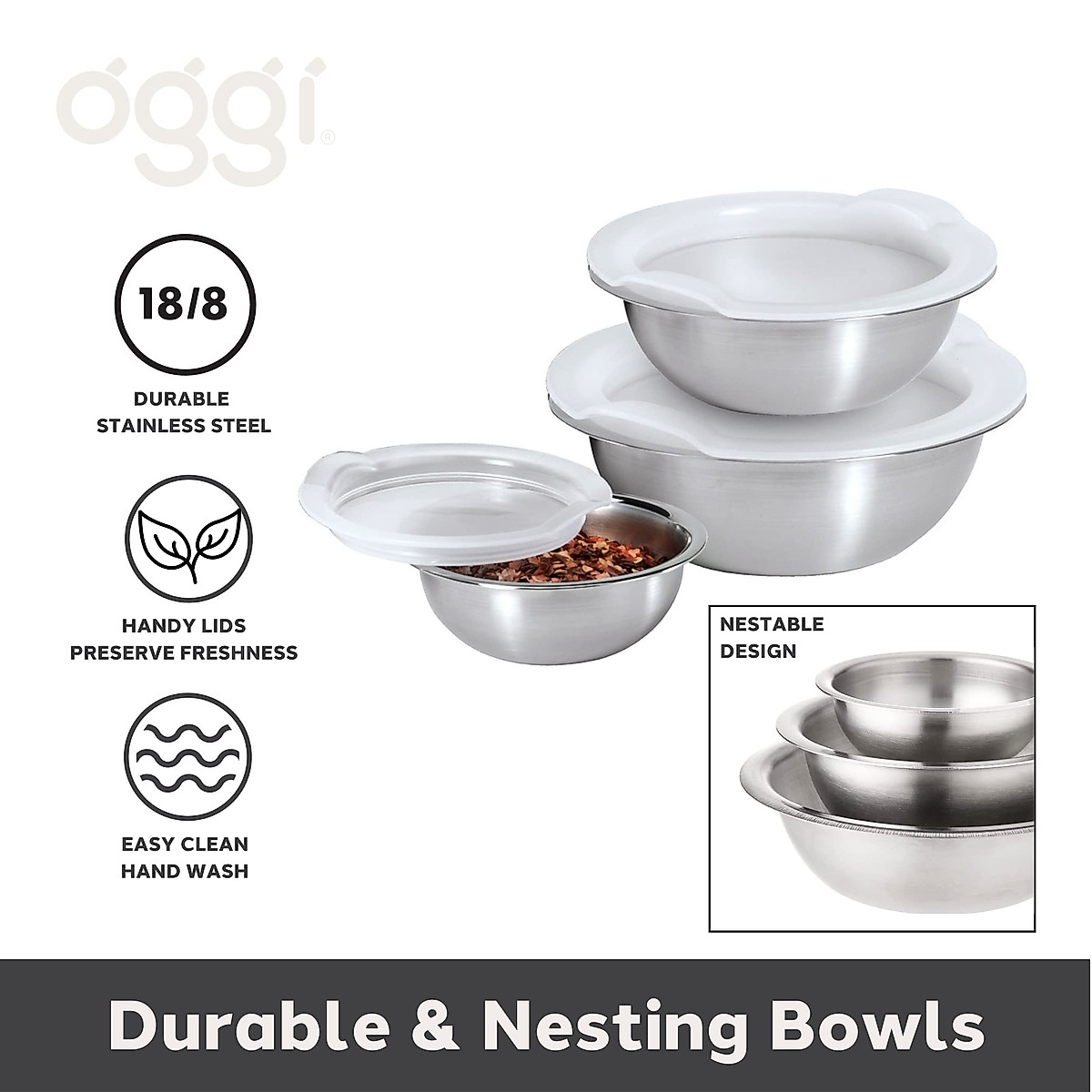 Oggi Set of 3 Stainless Steel Pinch Bowls - Mini 2oz/4oz/8oz Sizes, With Lids - Ideal for Food Prep, Salt and Pepper Bowls, Dip Bowls, Condiment Bowls, Assorted Colors