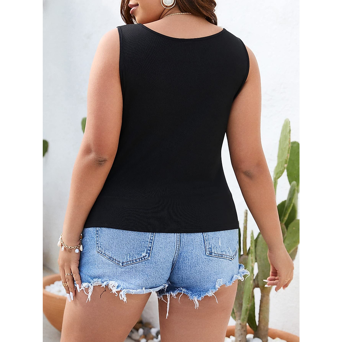 SOLY HUX Women's Plus Size Scalloped Trim Square Neck Sleeveless Summer Tank Tops Solid Black 2XL