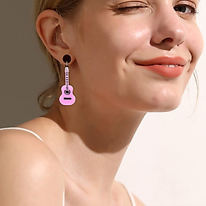Acrylic Cute Music Bass Electric Guitar Earrings Charms Instrument Drop Dangle Jewelry Gifts for Women (Pink)