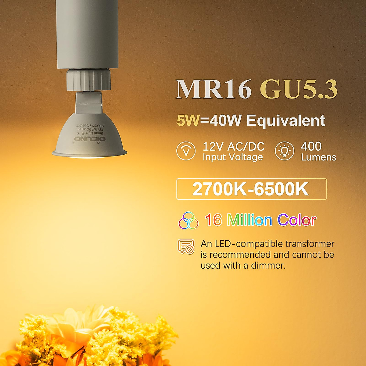 DiCUNO MR16 Smart Bulb Alexa, RGBCW Color Changing GU5.3 Light Bulb Compatible with Google Home, Dimmable with App, AC/DC 12V, 110° Beam Angle 40W 400LM, 2.4GHz WiFi, Landscape Light, 4-Pack