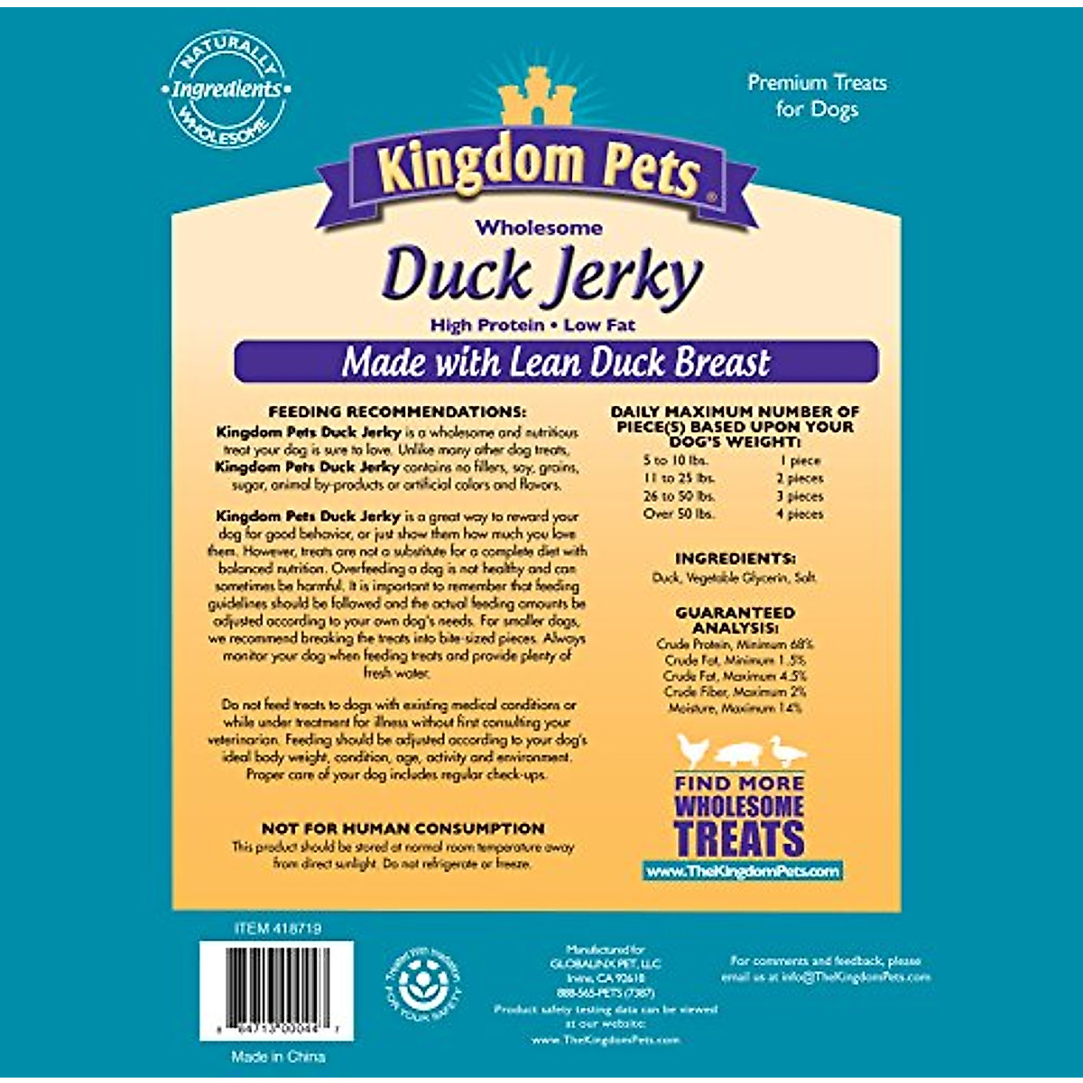 Kingdom Pets Duck Breast Jerky, Premium Treats for Dogs, 40 oz. Bag