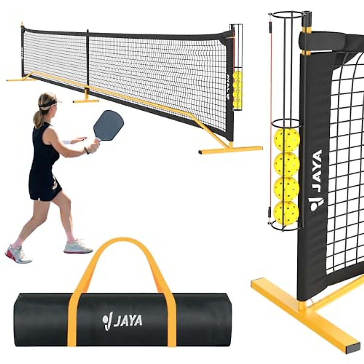 JAYA Portable Pickleball Net, IPF Standard 22FT, Steady Metal Frame, Easy Setup, Suitable for Driveways and Backyards Ginger Yellow with Black