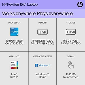 HP 2023 Newest Pavilion Laptop for Business, 15.6" FHD Touchscreen, Intel Core i5-1335U(up to 4.6GHz, Beats i7-1270P) 64GB RAM, 1TB SSD, Intel Iris Xe Graphics, Wi-Fi 6, Webcam, Windows 11 Home