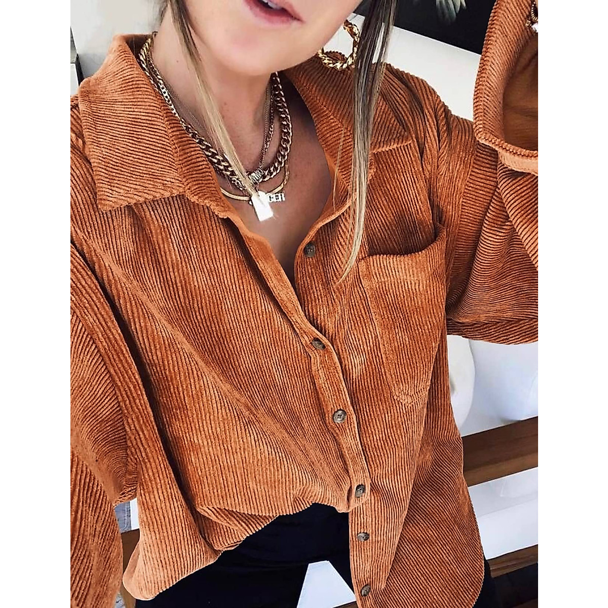 Saslax Womens Corduroy Shirt Long Sleeve Oversized Button Up V Neck Blouses Tops Loose Shacket Jacket with Pockets Burnt Oranage L