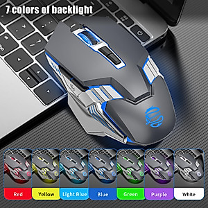 SHUNJINRUN Bluetooth Mouse, Rechargeable Wireless Mouse with 7 Buttons, RGB, 3 Modes, Ergonomic Computer Mouse for Laptop, Mac, PC, Chromebook, iPad, Tablet etc. - Gray