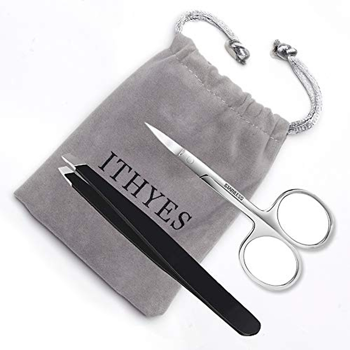 Ithyes Complete Tweezer Set 2 PCS Slant Tip Tweezer Stainless Steel Tweezers Eyebrow Trimmer Scissor for Shape Precision Ingrown Hair Nose Hair Blackhead Tick Remover,Black
