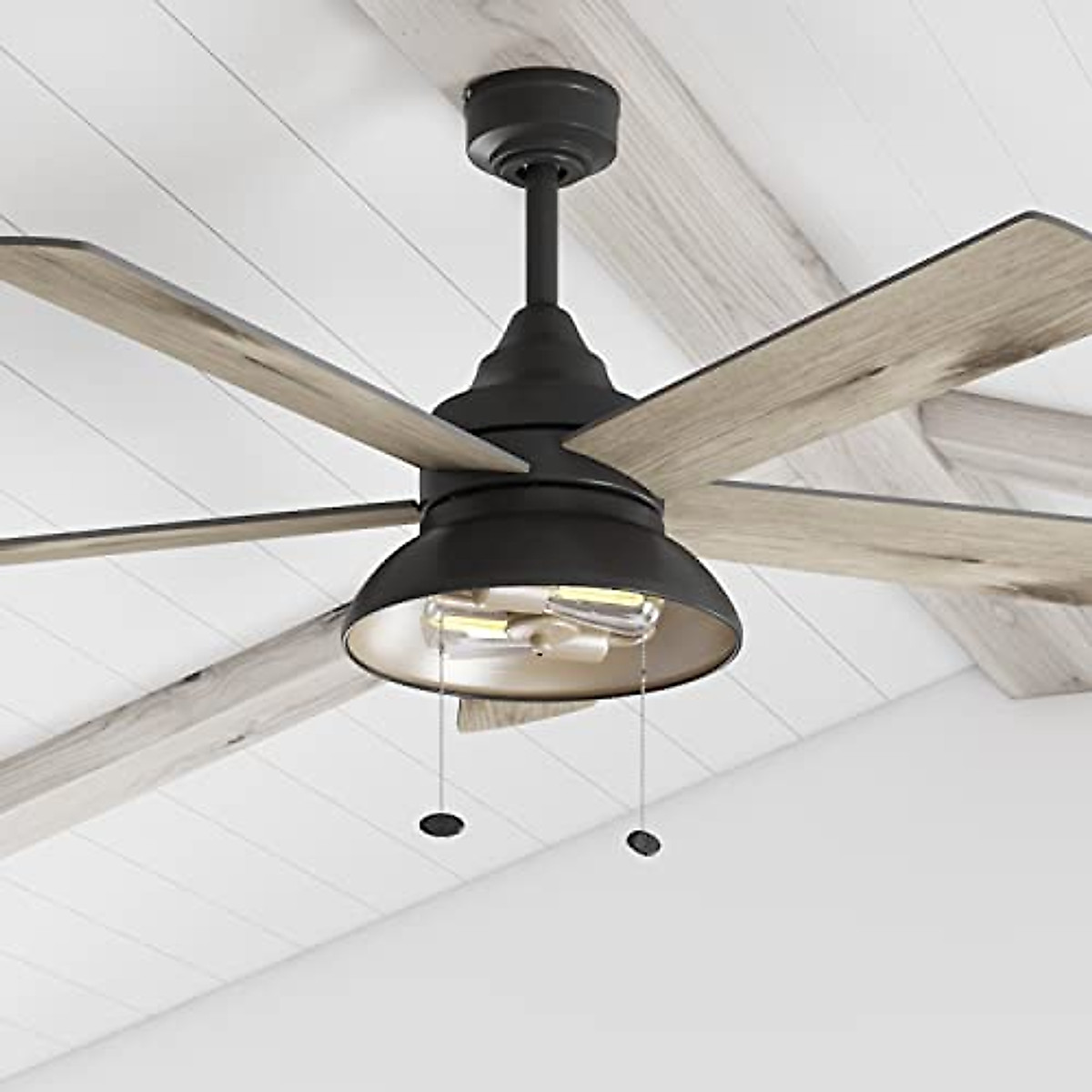 Prominence Home Brightondale, 52 Inch Industrial Style Indoor Outdoor LED Ceiling Fan with Light, Pull Chain, Dual Mounting Options, 5 Dual Finish Blades, Reversible Motor - 51659-01 (Matte Black)