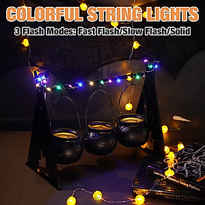 NiHome Halloween Witch Cauldron Mini Set with LED Fairy Lights & Flame-Patterned Stand for Candy, Décor & More, Multi-Occasion Centerpiece Glossy Black Bowls for Halloween, Birthdays, Themed Parties