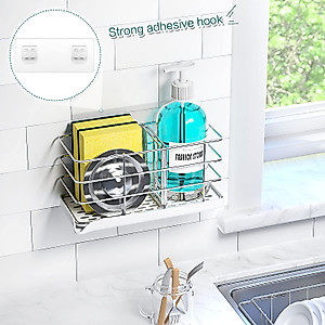 HJLIKE Sponge Holder for Sink,Stainless Steel Kitchen Sink Organizer Soap Dispenser Caddy Dish ,Sink Tray Drainer Rack Countertop Or Wall-Stick with Keep Dry, White