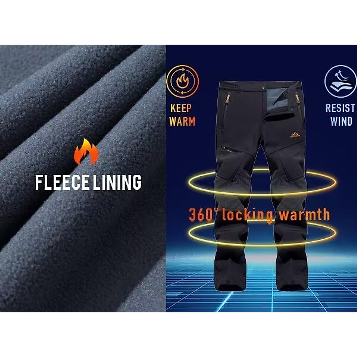 TACVASEN Mens Fleece Pants Open Bottom Mens Travel Pants Tactical Pants Winter Warm Outdoor Cargo Pants Waterproof Softshell Pants